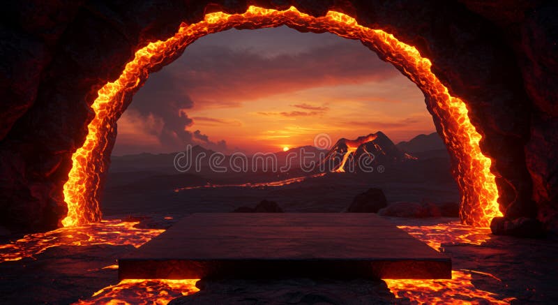 Fiery Lava Archway and Volcanic Sunset Landscape with Product Display ...
