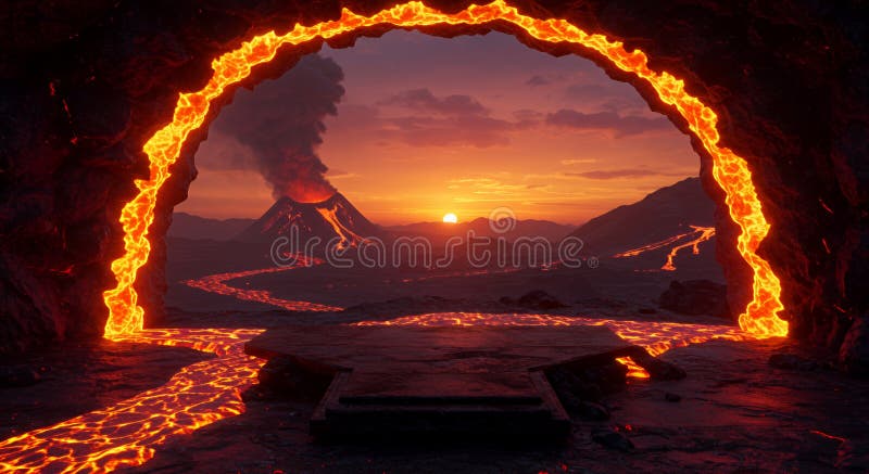 Fiery Lava Archway Volcanic Sunset Landscape with Platform Stock ...