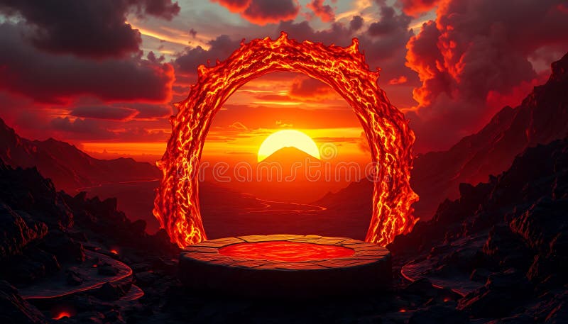 Fiery Archway at Sunset: a Pixelated Volcanic Landscape Stock ...