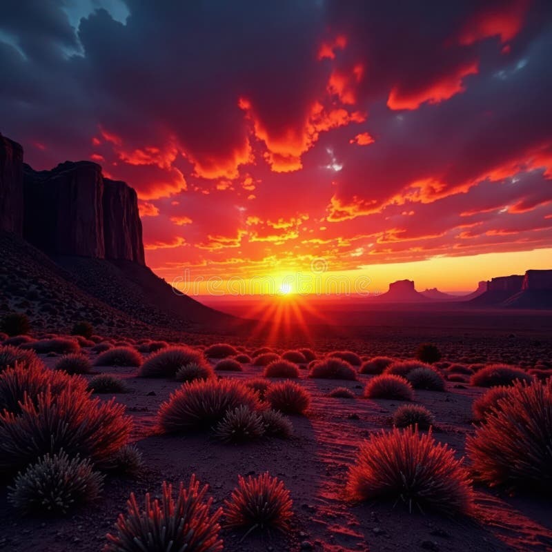 Fiery Arizona Sunset Over Dramatic Desert Landscape Nature Desert Stock ...