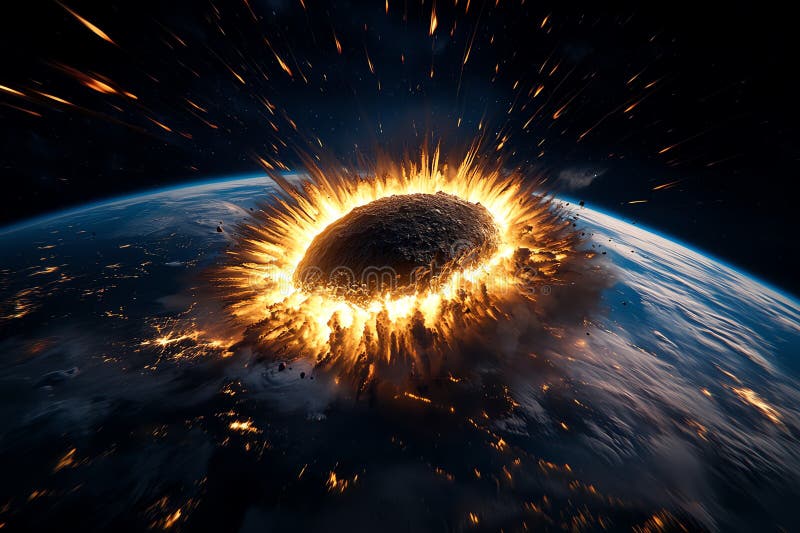 A Fiery Asteroid Impact on Earth, with Debris Flying Outward and a ...