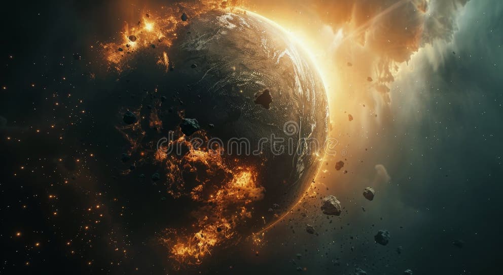 Fiery Asteroid Impact on Planet Surface with Debris Field Stock Photo ...