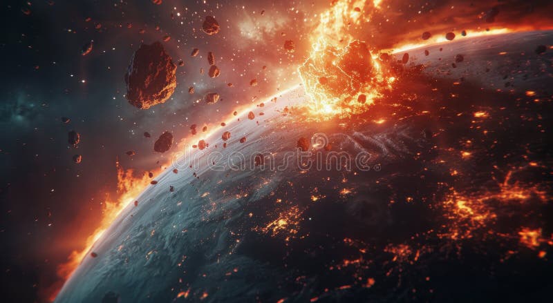 Fiery Asteroid Impact on Planet Surface with Debris Field Stock Photo ...
