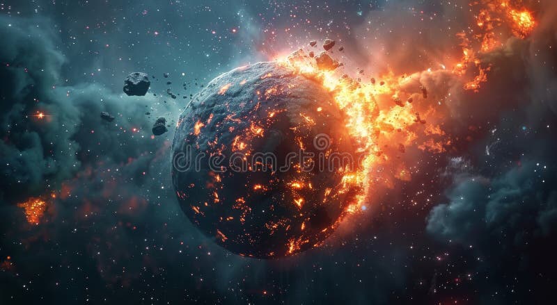 Fiery Asteroid Impact on Planet Surface with Debris Field Stock Photo ...