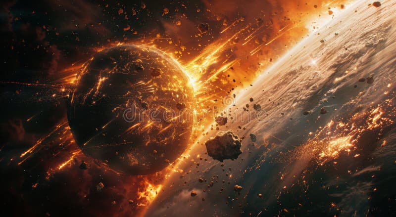 Fiery Asteroid Impact on Planet Surface with Debris Field Stock Image ...