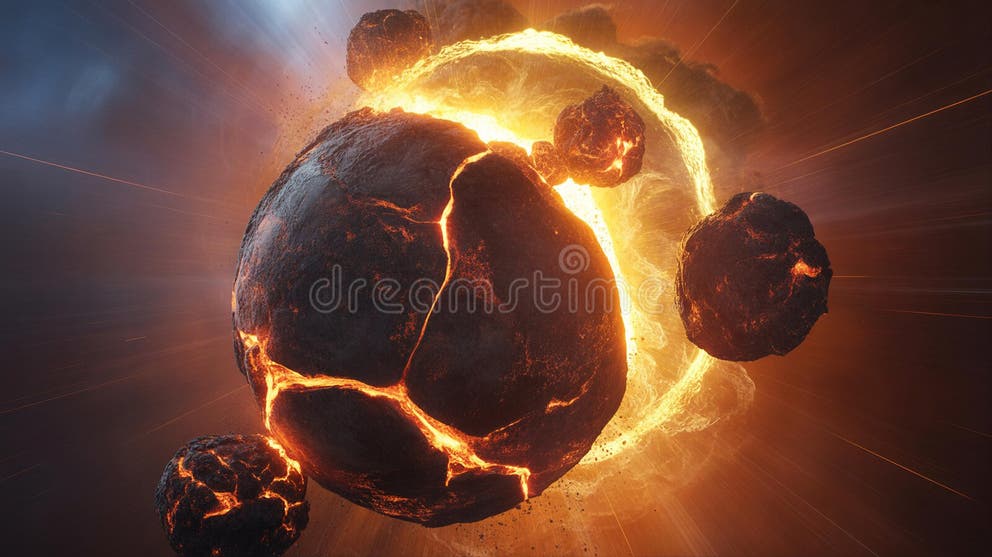 Fiery Asteroids Exploding through Cosmic Ring Space Stock Photo - Image ...