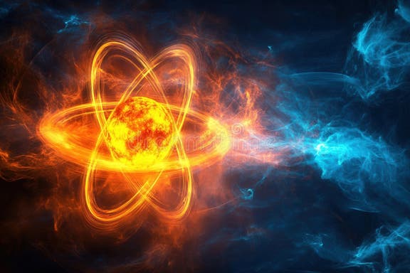 Fiery Atom Particle Rotating Around Nucleus in Outer Space Stock Image ...