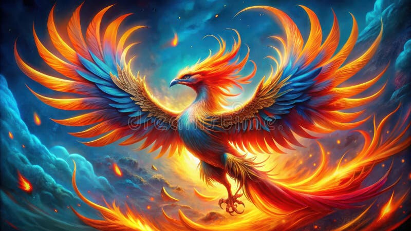Fiery Avian Creature Soaring through a Celestial Landscape of Fire and ...