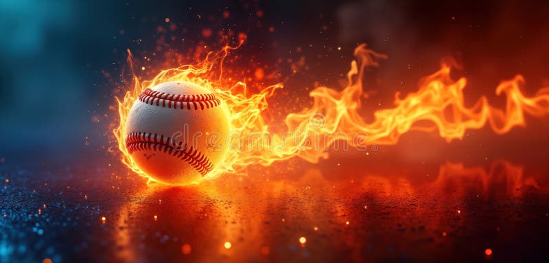 Fiery Baseball Engulfed in Vibrant Neon Flames on Dark Glossy ...