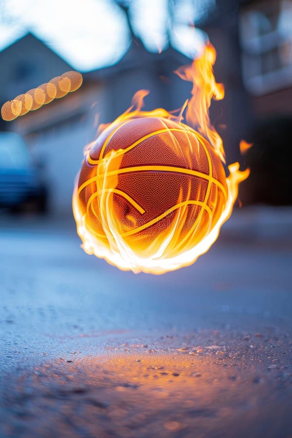 Fiery Basketball Launched through Alley with Flames Trailing in Dimly ...