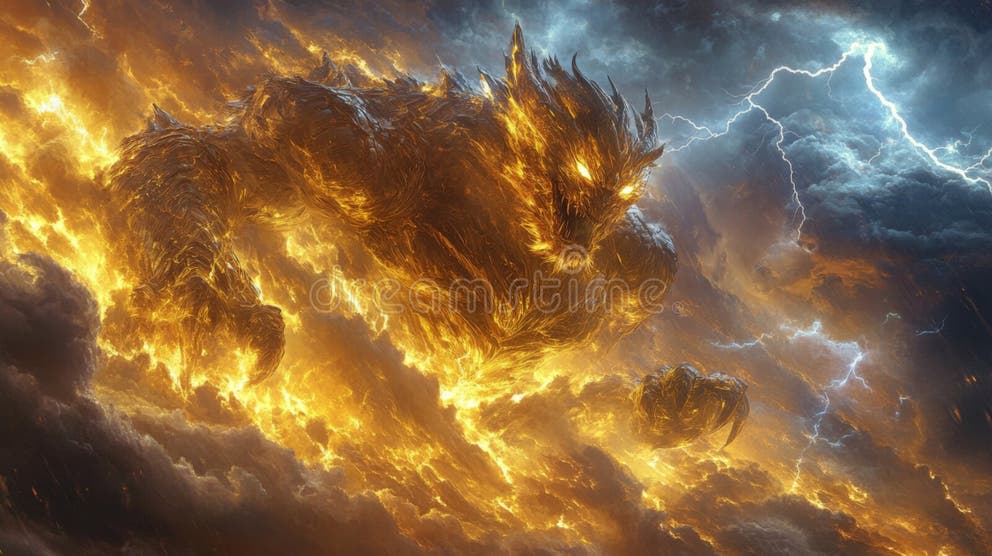 Fiery Beast Emerging from Stormy Clouds Stock Illustration ...