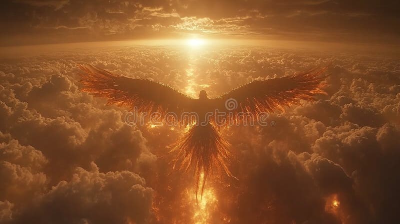 Fiery Bird Soaring Above Golden Clouds Stock Illustration - Illustration of heavenly, imagery ...