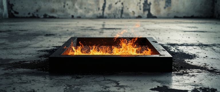 Fiery Black Rectangle Emerges from Grunge Floor. Stock Image - Image of ...