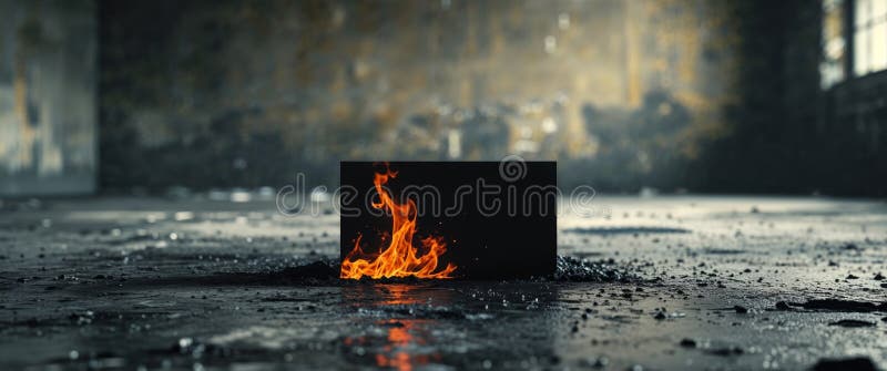 Fiery Black Rectangle Emerges from Grunge Floor Stock Image - Image of ...