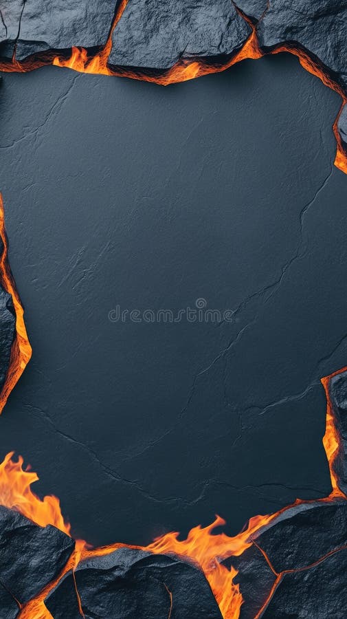A Fiery Black Square Frame Emerges from a Rugged Stone Backdrop ...