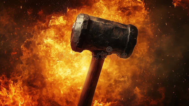 Fiery Blacksmith Hammer Against Blazing Flames Background for Dramatic ...