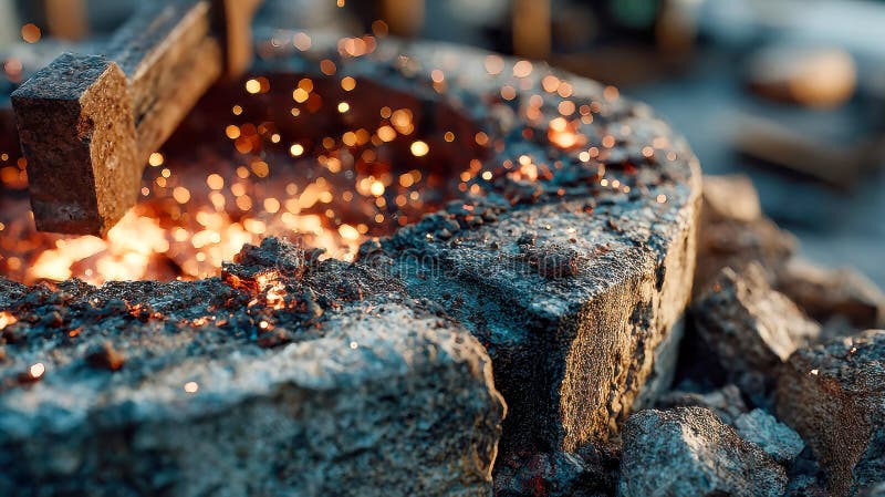 Fiery Blacksmith Scene with a Stone Anvil and Molten Sparks Flying from ...