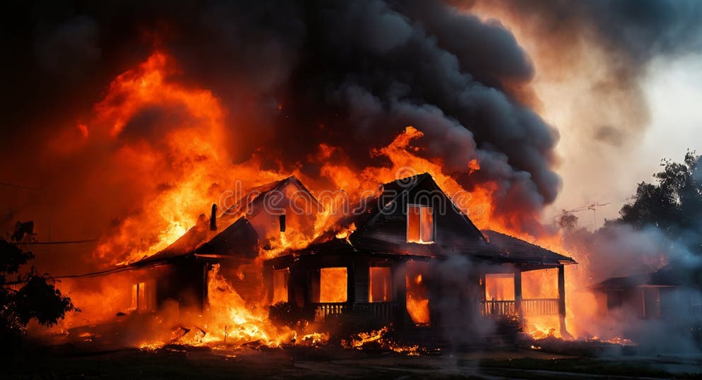 Fiery Blaze Devastating a House with Dramatic Smoke and Flames Stock ...