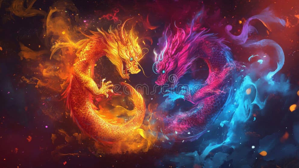 Fiery and Blue Dragons Clashing in a Cosmic Nebula Stock Illustration ...