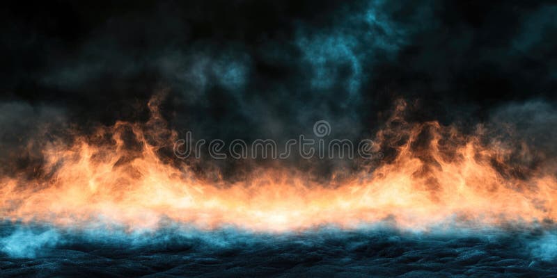 Fiery Blue and Orange Flames Rising from Dark Landscape at Night Stock ...