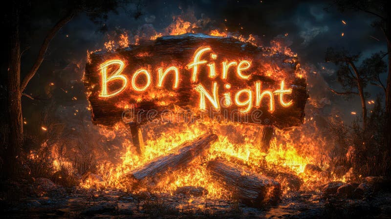 Fiery Bonfire Night Celebration with Glowing Sign and Burning Logs ...
