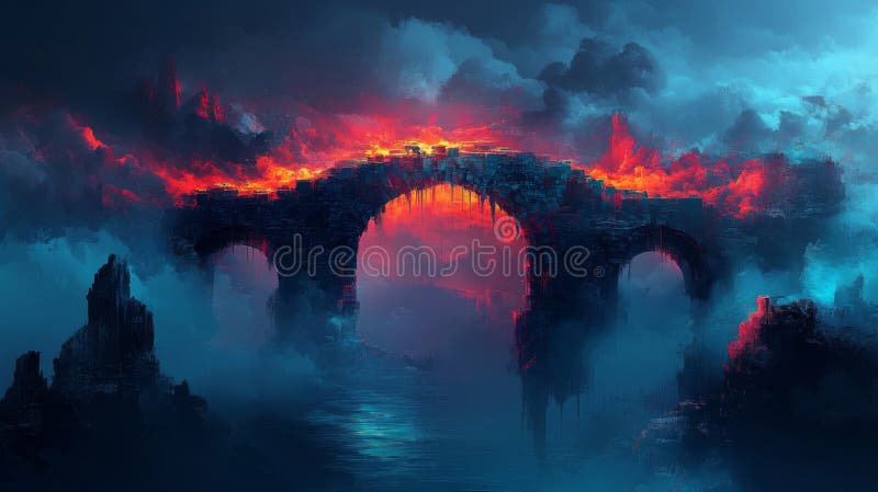 Fiery Bridge in a Dark Fantasy Landscape Stock Illustration ...