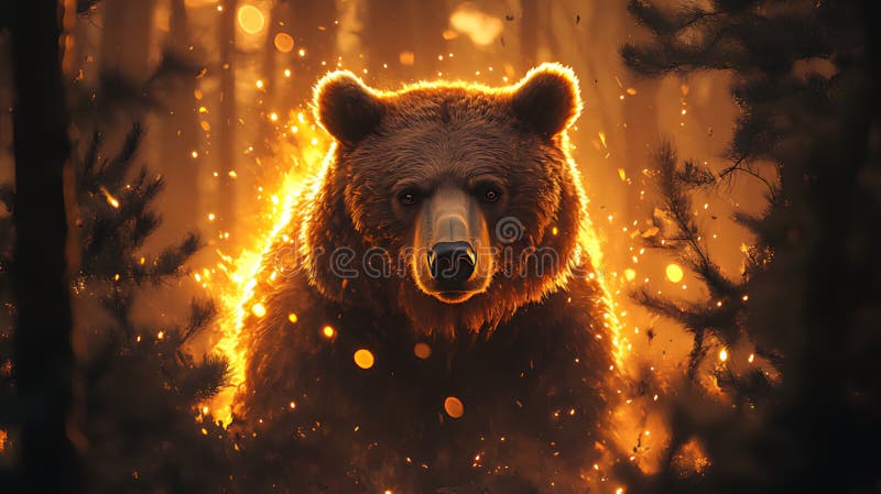 Fiery Brown Bear in Enchanted Forest, Glowing Embers Surround it Stock ...
