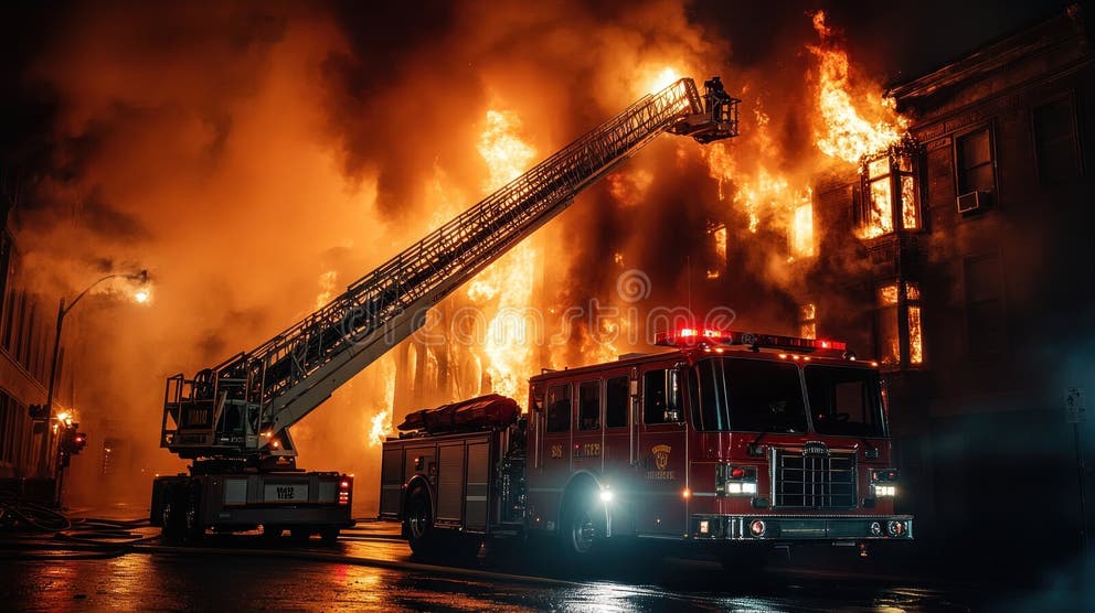 Fiery Building Blaze, Fire Truck in Action Stock Photo - Image of ...