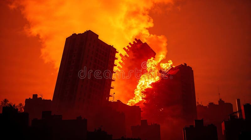 Fiery Building Collapse Dramatic Scene Inferno Blaze Disaster Stock ...