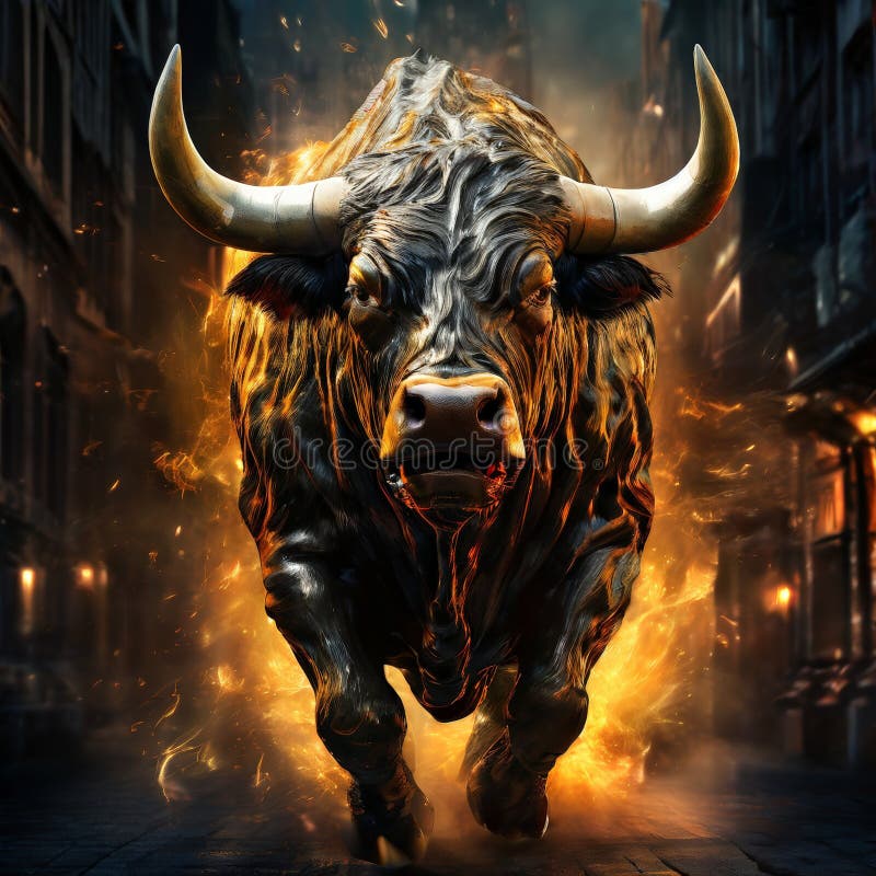 Fiery Bull Charging through Dark Alley Stock Illustration ...