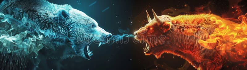 A Fiery Bull and an Icy Wolf Face Off in a Battle of Elements Stock ...