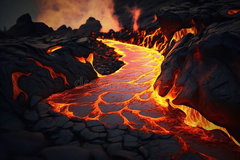 Volcano Mountain Eruption with Smoke and Fiery Lava, Top View. Stock ...