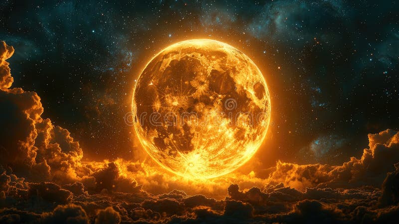 Fiery Burning Moon in a Dark Night Sky with Stars Stock Photo - Image ...