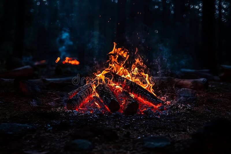 Fiery Campfire at Night in a Dark Forest a Close Up Image of Burning ...