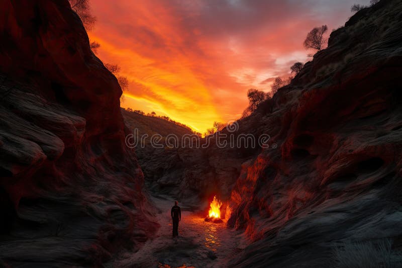 Fiery Canyon Sunset, with a Silhouette of Person Standing in the Midst ...