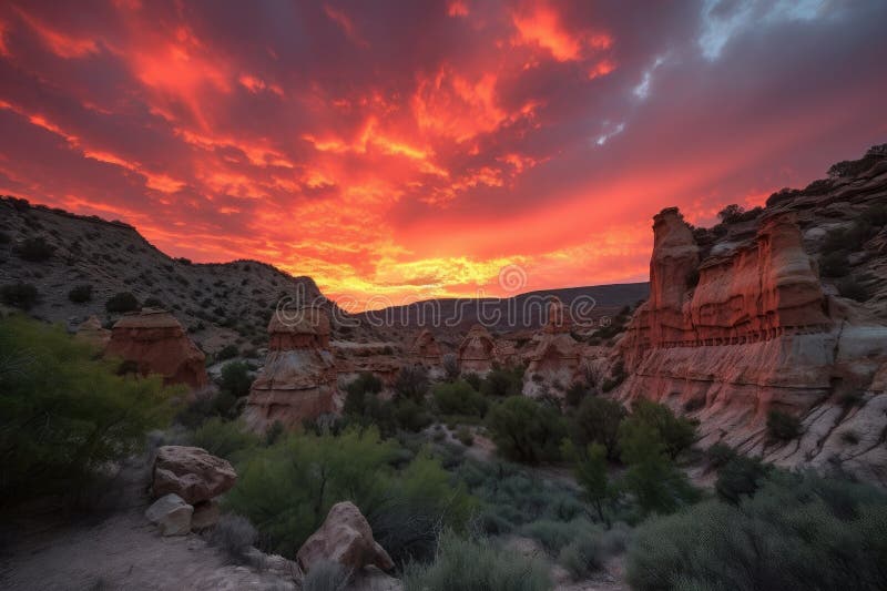 Fiery Canyon Sunset with Silhouetted Rock Formations and Clouds Stock ...