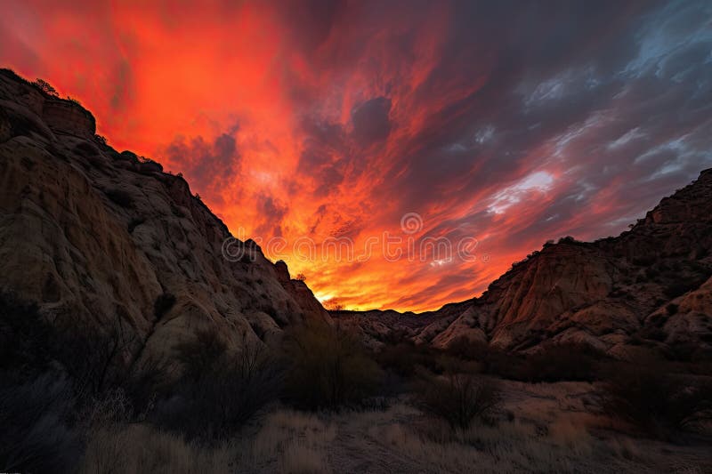 Fiery Canyon Sunsets, with Dramatic Sky and Silhouette of Tall Cliff ...
