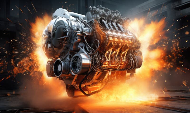 A Fiery Car Engine Igniting with Intense Flames Stock Illustration ...