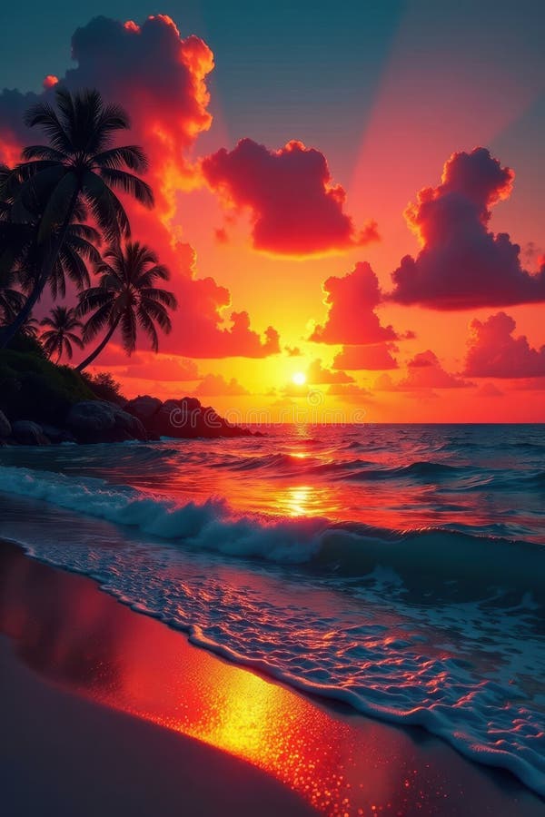 Fiery Caribbean Sunset Paints Sky, Calm Waves Lap Shore, View, Sun ...