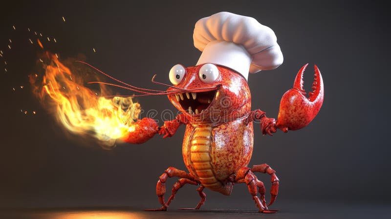 Fiery Cartoon Crab Chef with a Flaming Claw in a Dramatic Pose Stock ...