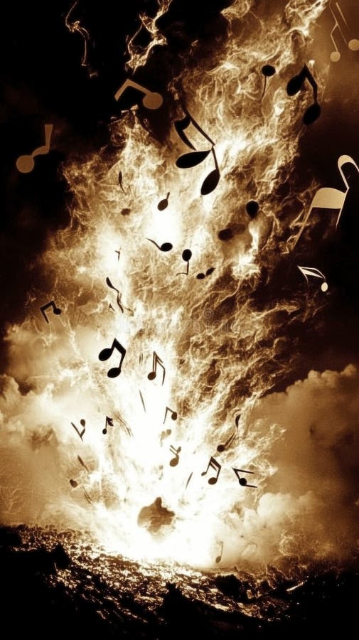 Fiery Cascade with Musical Notes in Volcanic Surge Stock Illustration ...
