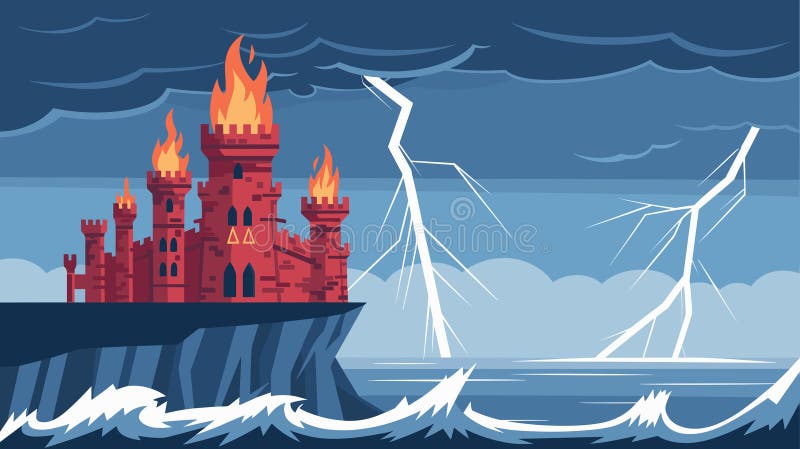 Fiery Castle on a Cliff Edge Against a Stormy Sky. Stock Vector ...