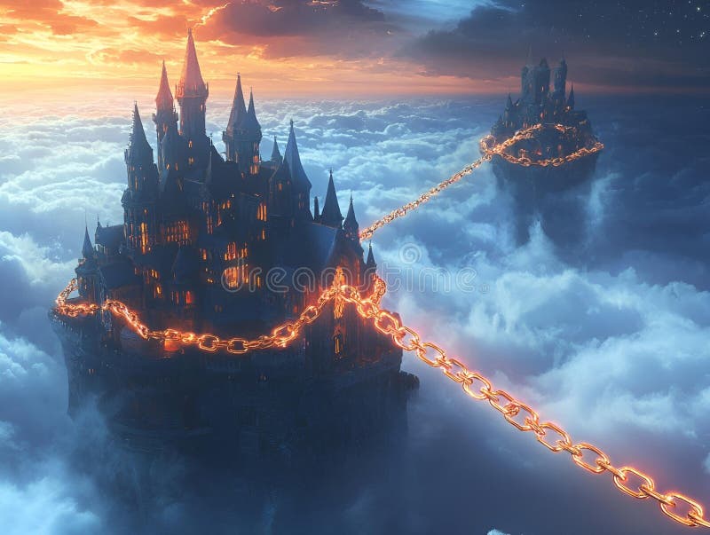 Fiery Castle on Clouds, Chains of Fire, Dramatic Sunset, Floating ...