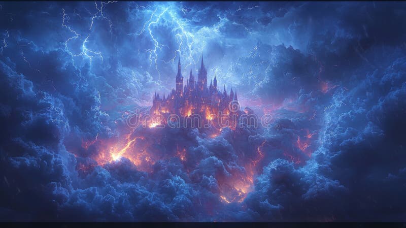 Fiery Castle Engulfed in Clouds and Lightning with Dramatic Lighting ...