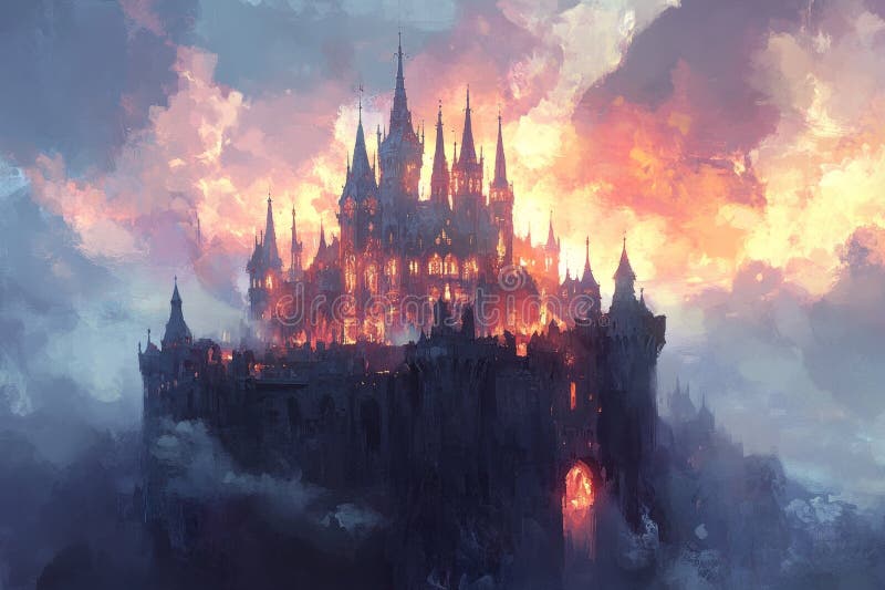 Fiery Castle Ruins in Epic Sunset Landscape Stock Illustration ...