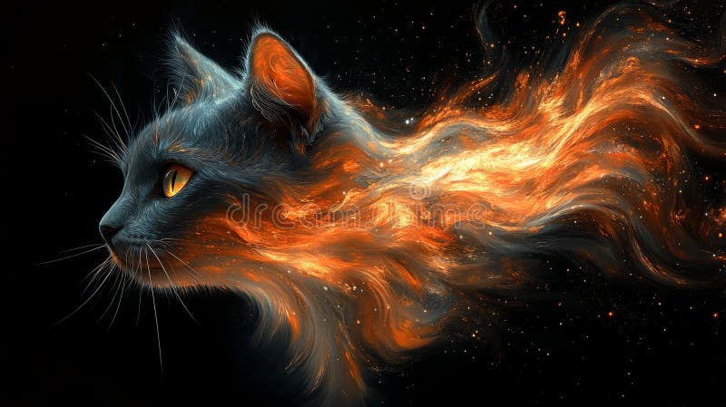Fiery Cat with Glowing Mane in Space, Abstract Digital Art Stock Photo ...