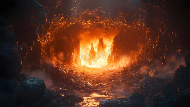 Fiery Cave Entrance 3D Illustration Stock Illustration - Illustration ...