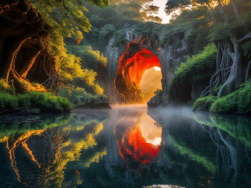 Fiery Cave Entrance Reflecting on Still Water Stock Photo - Image of ...