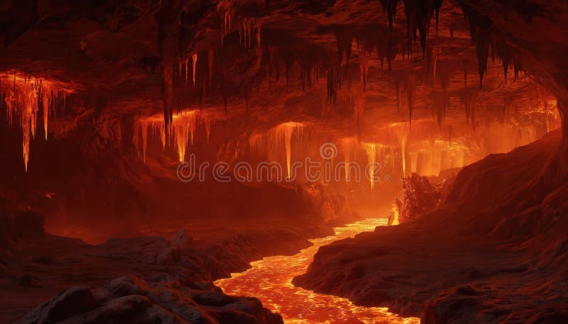 Fiery Cave Interior Featuring Molten Lava River, Glowing Stalactites ...