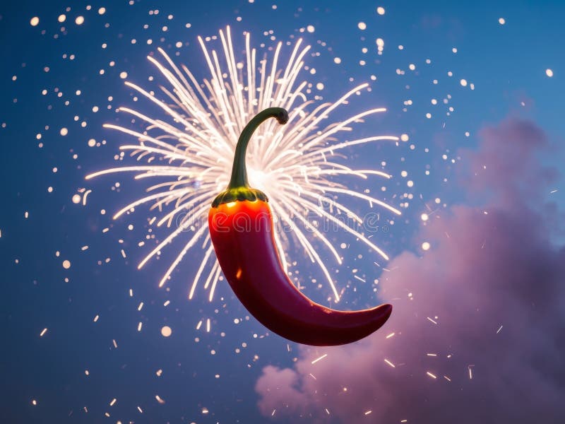 A Fiery Celebration. Red Chili Pepper Against a Backdrop of Fireworks ...